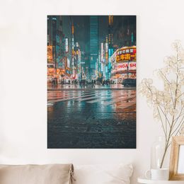 Bilderwelten Leinwandbild Regnerisches Neon-Stadtlicht - Wohnzimmer Schlafzimmer Esszimmer - Kunstdruck Fotografie Wandbild - S bis XXL
