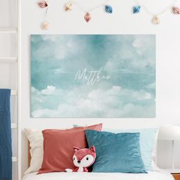 Bilderwelten Leinwandbild originell modern Aquarell blau - Wolkenhimmel T&uuml;rkis mit Wunschname - Himmel XXL Kinderzimmer Baby M&auml;dchen Jungen