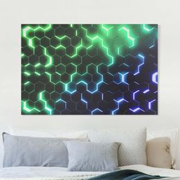 Bilderwelten Leinwandbild Neon Art 3D-Effekt schwarz - Strukturierte Hexagone mit Neonlicht in Gr&uuml;n und Blau - Geometrisch XXL Jugendzimmer