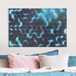 Bilderwelten Leinwandbild Neon Art 3D-Effekt schwarz - Strukturierte Hexagone mit Neonlicht in T&uuml;rkis - Geometrisch XXL Jugendzimmer