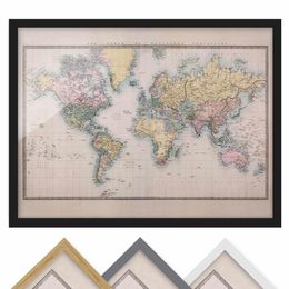 Bild mit Rahmen Vintage Weltkarte um 1850 - gerahmte Wandbilder Print Weltkarte Vintage Wohnzimmer Schlafzimmer Bad Badezimmer K&uuml;che Flur Esszimmer