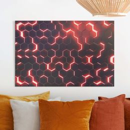 Bilderwelten Leinwandbild Neon Art 3D-Effekt schwarz - Strukturierte Hexagone mit Neonlicht in Rot - Geometrisch XXL Jugendzimmer