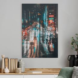 Bilderwelten Leinwandbild Stadt modern Kunstdruck bunt - Regen in der leuchtenden Stadt - China XXL Wohnzimmer Schlafzimmer