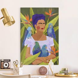 Bilderwelten Leinwandbild Frida und ihre Papageien - Wandbild Kunstdruck K&uuml;che - Floral - Schlafzimmer Wohnzimmer Esszimmer - S-XXL Gr&uuml;n