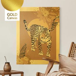 Bilderwelten Leinwandbild Gold Safari Tiere - Leopard - Wandbilder XXL Print Botanik Tropical Illustration Tiere Jugendzimmer Wohnzimmer Gold