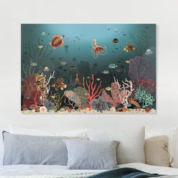 Bilderwelten Leinwandbild Strand Illustration Kunstdruck blau - Farbenfrohes Korallenriff - Unterwasser XXL Wohnzimmer Schlafzimmer