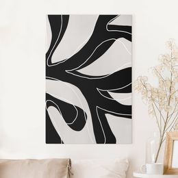 Bilderwelten Leinwandbild originell Abstrakt Kunstdruck schwarz weiss - Schwarze Blattstrukturen mit wei&szlig;en Linien - Wandbild XXL Wohnzimmer Schlafzimmer