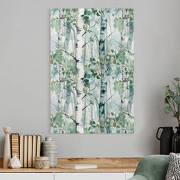Bilderwelten Leinwandbild Wald Illustration Aquarell gr&uuml;n - Aquarell Birkenwald im Sommer - B&auml;ume XXL Wohnzimmer Schlafzimmer