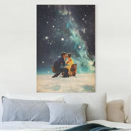 Bilderwelten Leinwandbild originell Fotomontage Kunstdruck bunt - Romantisches Galaxie Dinner - Wandbild XXL Wohnzimmer Schlafzimmer