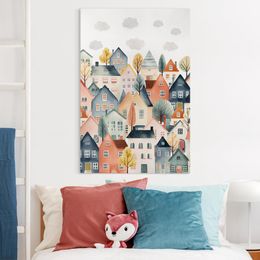 Bilderwelten Leinwandbild originell modern Kunstdruck blau - Kleine Skandi Stadt - Wandbild XXL Kinderzimmer Baby M&auml;dchen Jungen