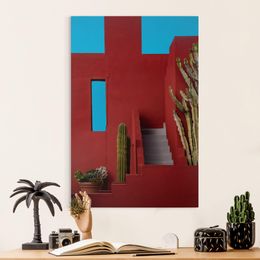 Bilderwelten Leinwandbild Stadt Tropisch Kunstdruck rot - Rote Architektur mit Kakteen - Architektur XXL Wohnzimmer Schlafzimmer