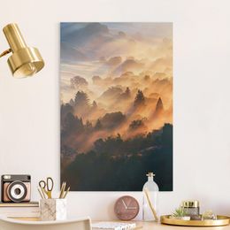 Bilderwelten Leinwandbild Goldene Stunde im Nebel Wald Wohnzimmer Schlafzimme K&uuml;che Wald B&auml;ume Sonnenuntergang natur Strahlen hinterm Bett