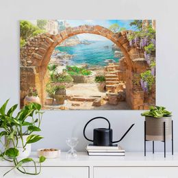 Bilderwelten Leinwandbild Strand Fotomontage Steinoptik bunt - Paradisischer Ausblick - Meerblick XXL Wohnzimmer Schlafzimmer