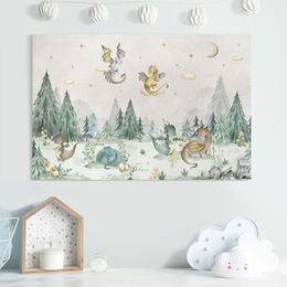 Bilderwelten Leinwandbild Wald Illustration Aquarell gr&uuml;n - Vertr&auml;umte Drachen - Drache XXL Kinderzimmer Baby M&auml;dchen Jungen