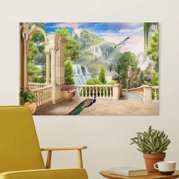 Bilderwelten Leinwandbild Natur Fotomontage Kunstdruck bunt - M&auml;rchenhafter Ausblick - Wasserfall XXL Wohnzimmer Schlafzimmer