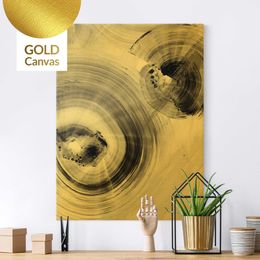 Leinwandbild Gold Geschwungene Kreise Schwarz Wei&szlig; - Wandbilder XXL Print Abstrakt Kunstdruck Wohnzimmer Schlafzimmer Bad Badezimmer K&uuml;che Flur