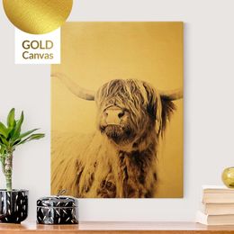 Leinwandbild Gold Hochlandrind Frida in Beige - Wandbilder XXL Print Tiere Schwarz-Wei&szlig; Wohnzimmer Schlafzimmer Bad Badezimmer K&uuml;che Flur Esszimmer