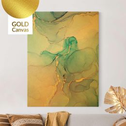 Leinwandbild Gold Aquarell Pastell T&uuml;rkis mit Gold - Wandbilder XXL Print Aquarell Kunstdruck Wohnzimmer Schlafzimmer Bad Badezimmer K&uuml;che Flur