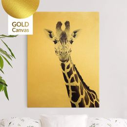 Bilderwelten Leinwandbild Gold Giraffen Portrait in Schwarz-wei&szlig; - Wandbilder XXL Print Tiere Wohnzimmer Schlafzimmer Bad Badezimmer K&uuml;che Flur Esszimmer Gold