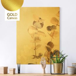 Leinwandbild Gold Goldene Eukalyptuszweige mit Wei&szlig; II - Wandbilder XXL Print Botanik Tropical Wohnzimmer Schlafzimmer Bad Badezimmer K&uuml;che Flur