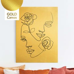 Leinwandbild Gold Line Art Gesichter Frauen Rosen Schwarz Wei&szlig; - Wandbilder XXL Print Illustration Kunstdruck Line Art Portrait Schwarz-Wei&szlig;