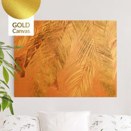Leinwandbild Gold Palmenbl&auml;tter Rosa und Gold III - Wandbilder XXL Print Botanik Tropical Kunstdruck Wohnzimmer Schlafzimmer Bad Badezimmer K&uuml;che