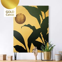 Leinwandbild Gold Goldener Mond im Dschungel - Wandbilder XXL Print Botanik Tropical Illustration Wohnzimmer Schlafzimmer Bad Badezimmer K&uuml;che Flur