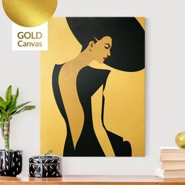 Leinwandbild Gold Dame mit Hut in Dunkelblau - Wandbilder XXL Print Illustration Portrait Wohnzimmer Schlafzimmer Bad Badezimmer K&uuml;che Flur Esszimmer