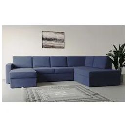 Wohnlandschaft Home Affaire "Delaware, Breite 292 cm, Webstoff fein, mit Stauraum" Sofas Gr. B/H/T: 292 cm x 73,5 cm x 202 cm, Webstoff fein, Recamiere links, blau (dark blue) ausziehbar, mit Bettfunktion, Wellenunterfederung