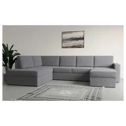 Wohnlandschaft Home Affaire "Delaware, Breite 292 cm, Webstoff fein, mit Stauraum" Sofas Gr. B/H/T: 292 cm x 73,5 cm x 202 cm, Webstoff fein, Recamiere rechts, grau (light grey) ausziehbar, mit Bettfunktion, Wellenunterfederung