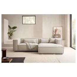 Ecksofa LeGer Home by Lena Gercke "PIARA mit Kedernaht in Cord oder Leinenoptik, moderne Couch L-Form" Sofas Gr. B/H/T: 267 cm x 66 cm x 167 cm, Flachgewebe, Ottomane rechts, beige (hellbeige) wahlweise Ottomane rechtslinks, schwarze Füße, bequemer Sitzkomfort