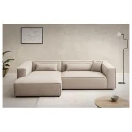 Ecksofa LeGer Home by Lena Gercke "PIARA XXL, Big-Sofa in Cord oder Leinenoptik, L-Form, mit Kedernaht" Sofas Gr. B/H/T: 288cm x 66cm x 198cm, Flachgewebe, Ottomane links, beige (hellbeige) wahlweise Ottomane rechtslinks, schwarze Füße, extra tiefe Sitzfläche