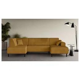 Wohnlandschaft Home Affaire "Wohnlandschaft Arros U-Form, mit Wellenunterfederung" Sofas Gr. B/H/T: 300 cm x 81 cm x 163 cm, Cord, Recamiere rechts, gelb incl. loser Zierkissen, Maße BTH: 30016381 cm, auch in Cord