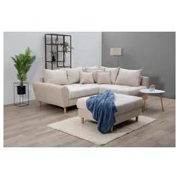 Ecksofa Home Affaire "Rice L-Form" Sofas Gr. B/H/T: 223cm x 47cm x 184cm, Material, Ottomane beidseitig montierbar, beige mit Bonnellfederkern, Hocker & Kissen, Ottomane beidseitig montierbar