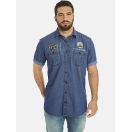 Jeanshemd Jan Vanderstorm "Kurzarmhemd LANDOLF" Gr. XL, blau (blau gestreift) Herren Hemden in Denim-Look