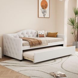 Tagesbett, 90 x 200 cm große Chaiselongue mit ausziehbarem Bett, Schlafsofa, Einzelbett (ohne Matratze), Leinen, minimalistischer Stil, Beige