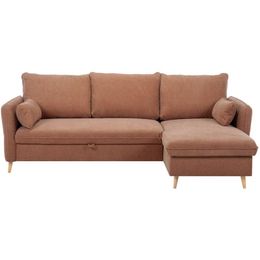 Miliboo Eck-Schlafsofa mit Stauraum 3/4-Sitzer Stoff in Terracotta und helles Holz driss