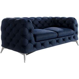 S-style Möbel - Chesterfield Sofa 2-Sitzer River mit Metall Füßen, Blau Samt