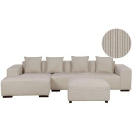 Beliani - 4-Sitzer Ecksofa Beige Stoffbezug Cord L-Förmig mit Ottomane Chaiselongue Rechtsseitig 4 Dekokissen Modern Wohnzimmer Wohnlandschaft Sofa