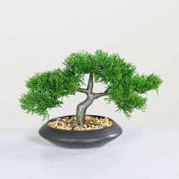 Spetebo - Kunst Zedem Bonsai in Keramik Schale - 22 cm - Dekobaum mit schwarzem Blumentopf - Kunst Topfpflanze Zimmerpflanze Dekorpflanze Kunstblumen