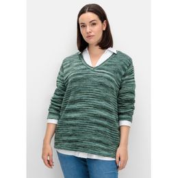 V-Ausschnitt-Pullover sheego "Große Größen", Damen, Gr. 44/46, grün (tiefgrün), Grobstrick, Obermaterial: 81% Polyacryl, 9% Baumwolle, 7% Polyester, 3% Leinen, unifarben, casual, figurumspielend normal, V-Ausschnitt, Pullover, in Flammgarn-Struktur