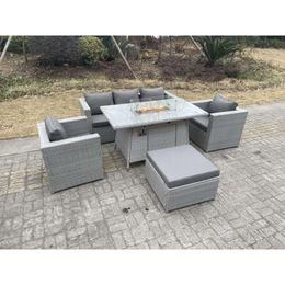 Fimous - 6-Sitzer Polyrattan Gartenmöbel Set im Freien Gas Feuertisch Sofa Sets mit 2 Sessel Großer Hocker Helles Grau