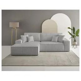 Ecksofa Andas "Finnley Schlafsofa 267 cm in Bouclé, Struktur fein u. Cord, L-Form" Sofas Gr. B/H/T: 267cm x 85cm x 167cm, Cord, Recamiere links, grau Schlaffunktion m. Bettkasten (136210 cm), Bouclé, Struktur und Cord