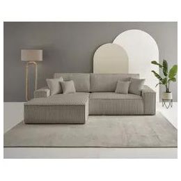 Ecksofa Andas "Finnley Schlafsofa 267 cm in Bouclé, Struktur fein u. Cord, L-Form" Sofas Gr. B/H/T: 267cm x 85cm x 167cm, Cord, Recamiere links, grau (taupe) Schlaffunktion m. Bettkasten (136210 cm), Bouclé, Struktur und Cord