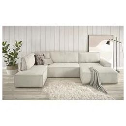 Wohnlandschaft Home Affaire "SHERWOOD XXL 329 cm, U-Form, Schlafsofa" Sofas Gr. B/H/T: 329 cm x 85 cm x 195 cm, Cord, Recamiere rechts, beige (hellbeige) Schlaffunktion m. Bettkasten (194x139 cm), Cord, Vintage, Samtvelours