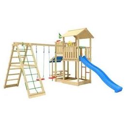 Spielturm Jungle Gym "Veranda" Spieltürme blau Kinder Spielanlage mit Schaukel, Kletterbock und Rutsche Wasseranschluss