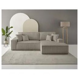 Ecksofa Andas "Finnley Schlafsofa 267 cm in Bouclé, Struktur fein u. Cord, L-Form" Sofas Gr. B/H/T: 267cm x 85cm x 167cm, Cord, Recamiere rechts, grau (taupe) Schlaffunktion m. Bettkasten (136210 cm), Bouclé, Struktur und Cord