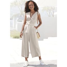 Overall Lascana, Damen, Gr. 34, N-Gr, beige (sand), Web, Obermaterial: 85% Viskose, 15% Leinen, unifarben, modisch, figurumspielend lang, V-Ausschnitt, ohne Ärmel, Overalls, und Taschen, sommerlicher Jumpsuit, casual-chic, Topseller