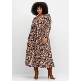 Maxikleid sheego by Joe Browns "Große Größen" Gr. 44, Normalgrößen, schwarz (schwarz gemustert) Damen Kleider mit Blumenprint und gesmokter Taille