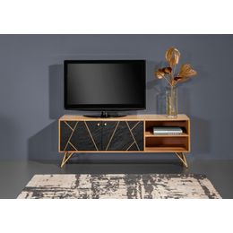 Lowboard GUTMANN FACTORY, B:140cm H:54cm T:42cm, schwarz, Wohnzimmer, Sideboards, "Lennon", Kommode mit Echtsteinfurnier und Messingapplikationen
